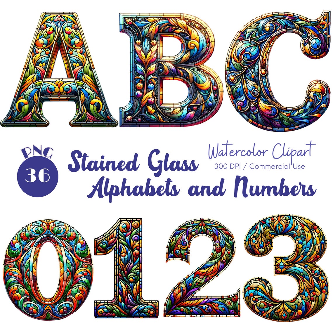 Stained Glass Alphabet & Number Clipart: 36 PNG Graphics (digital ...