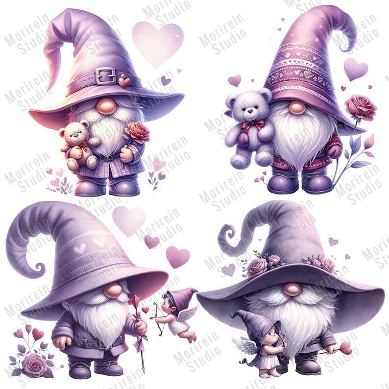 Purple Valentine Gnomes Watercolor Clipart: 24 PNG Illustrations ...