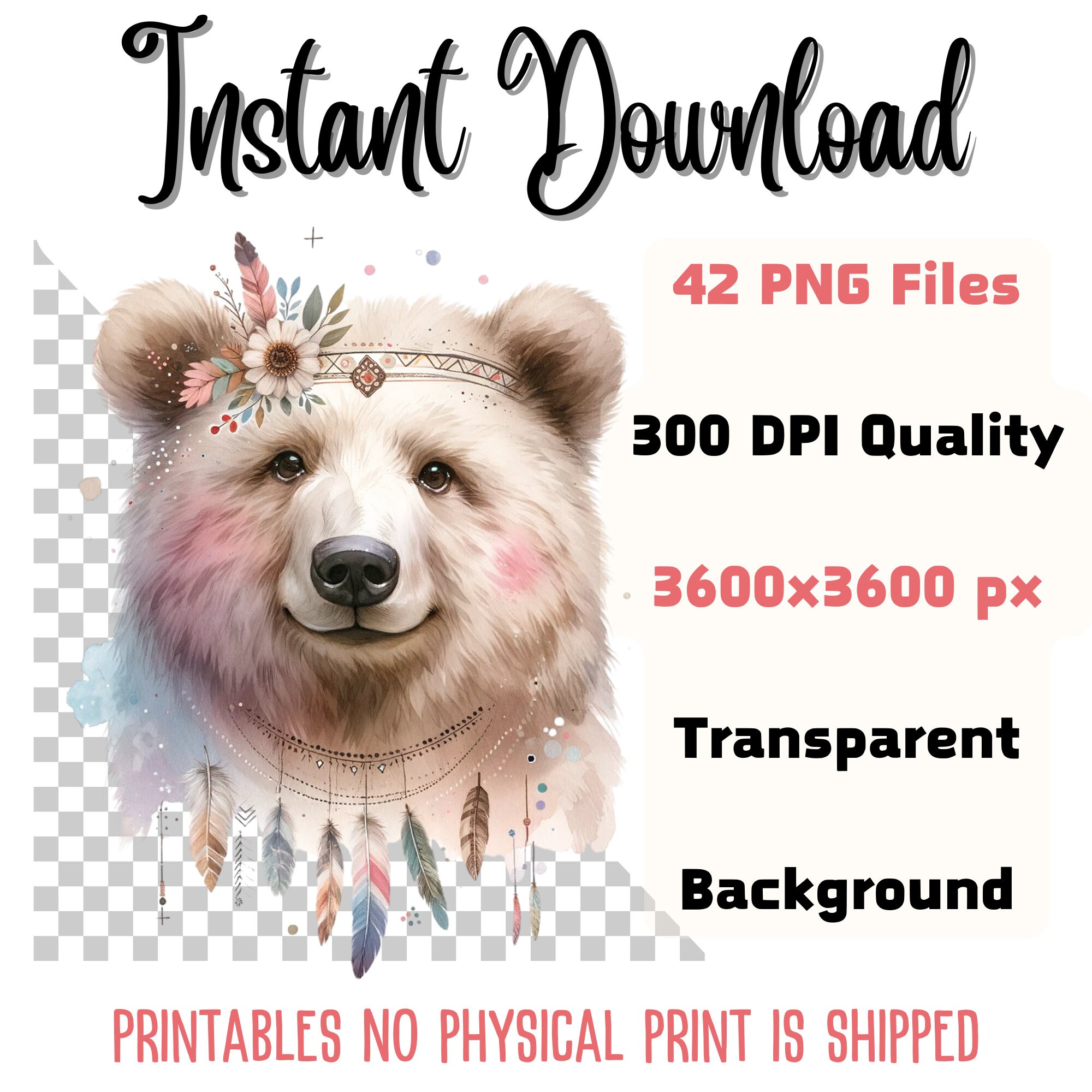 Boho Animals Clipart 42 PNG Watercolor Portrait Animal Boho Style ...