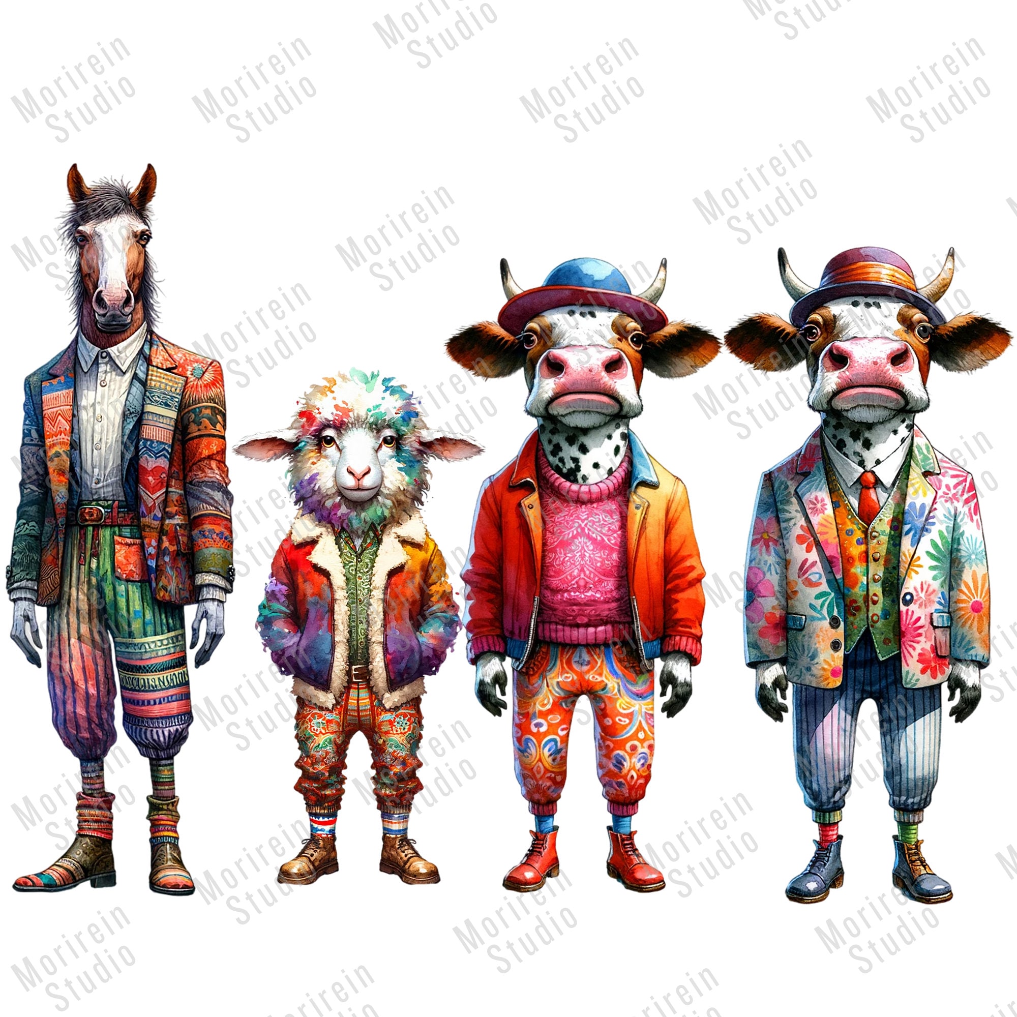 Watercolor Quirky Farm Animals Clipart 24 PNG Whimsical Farm Animal ...