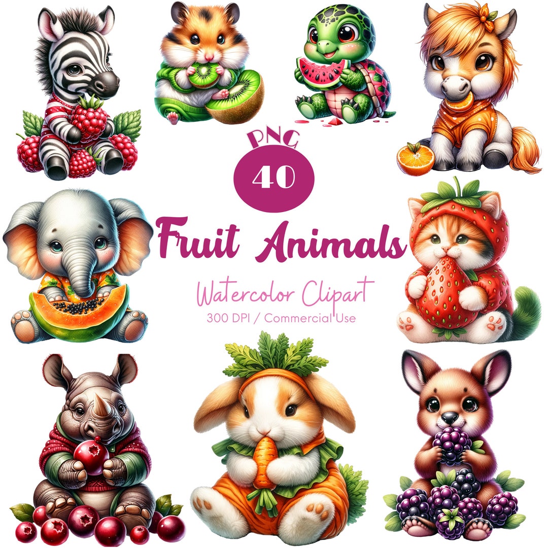Fruit Animals Clipart 40 PNG Watercolor Cute Animal With Fruit and Vegetable PNG Vegetable ...