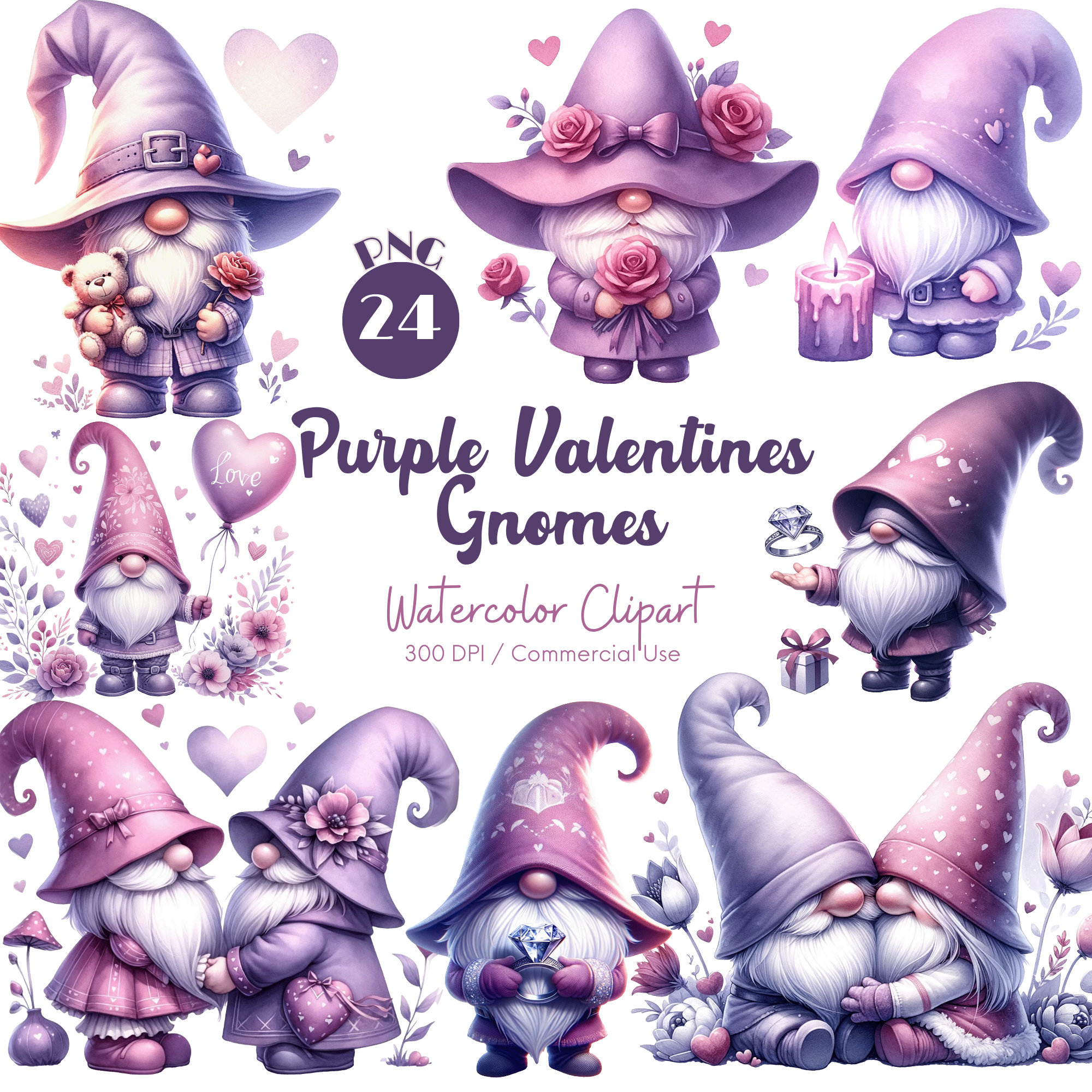 Purple Valentine Gnomes Clipart 24 PNG Cute Love Gnomes Valentines Day ...