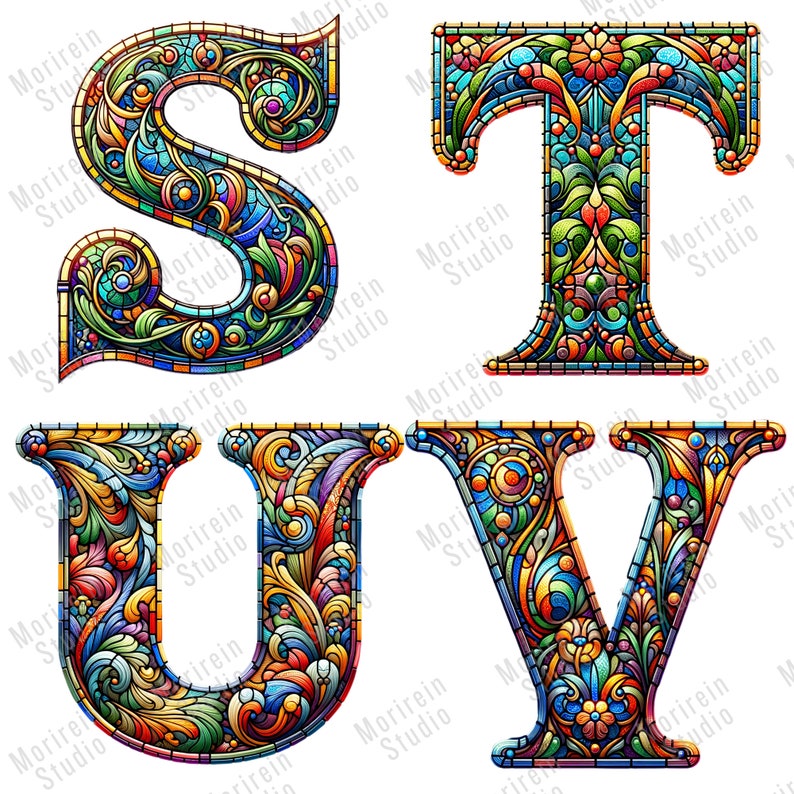Stained Glass Alphabet and Number Clipart 36 PNG Inspired Letter and ...
