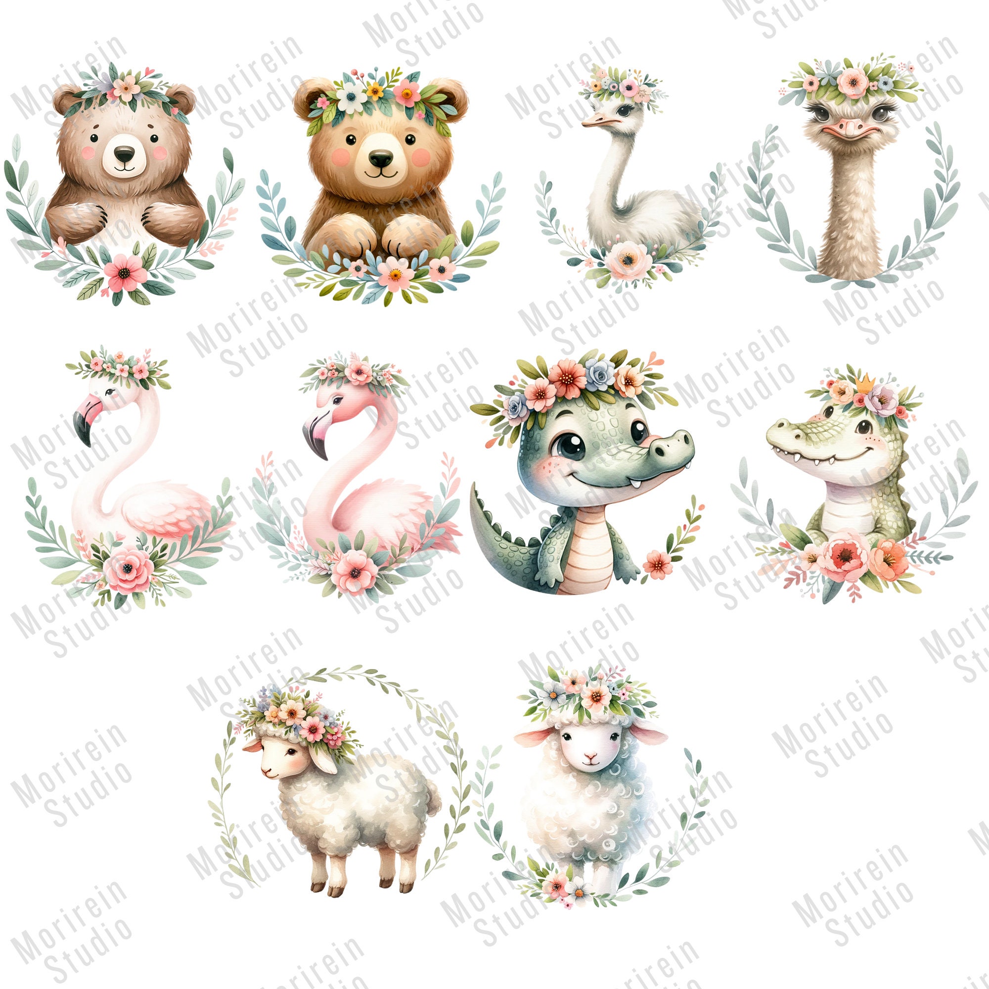 Cute Animals With Wreath Clipart 57 PNG Watercolor Cute Animal With ...