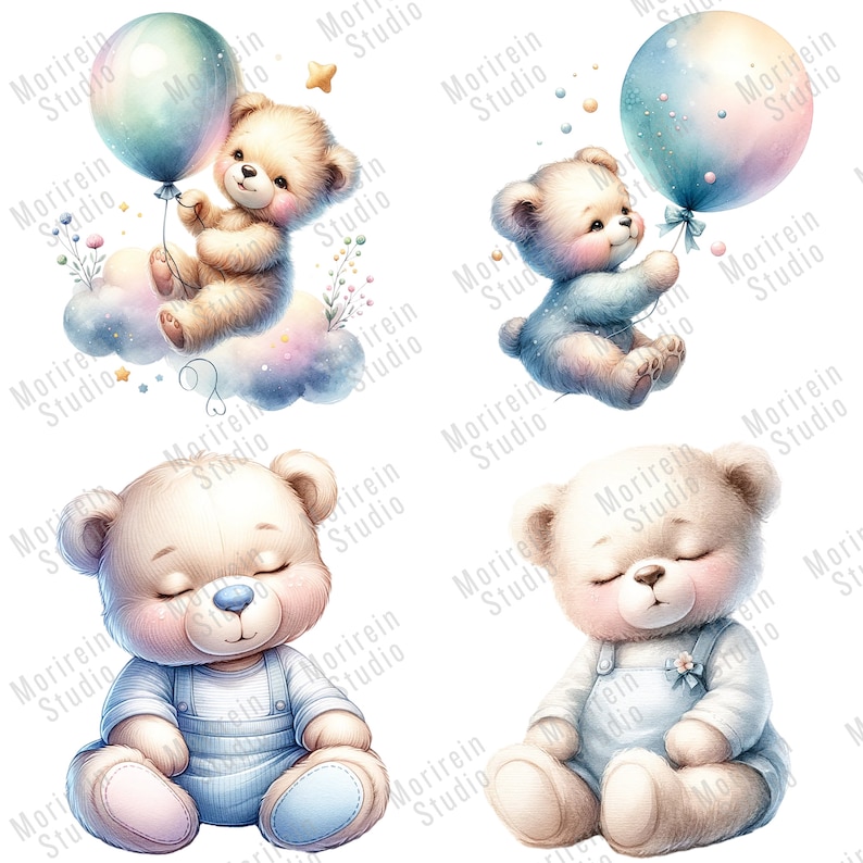 Watercolor Baby Teddy Bears Clipart 20 PNG Cute Teddy Bear Baby Shower ...