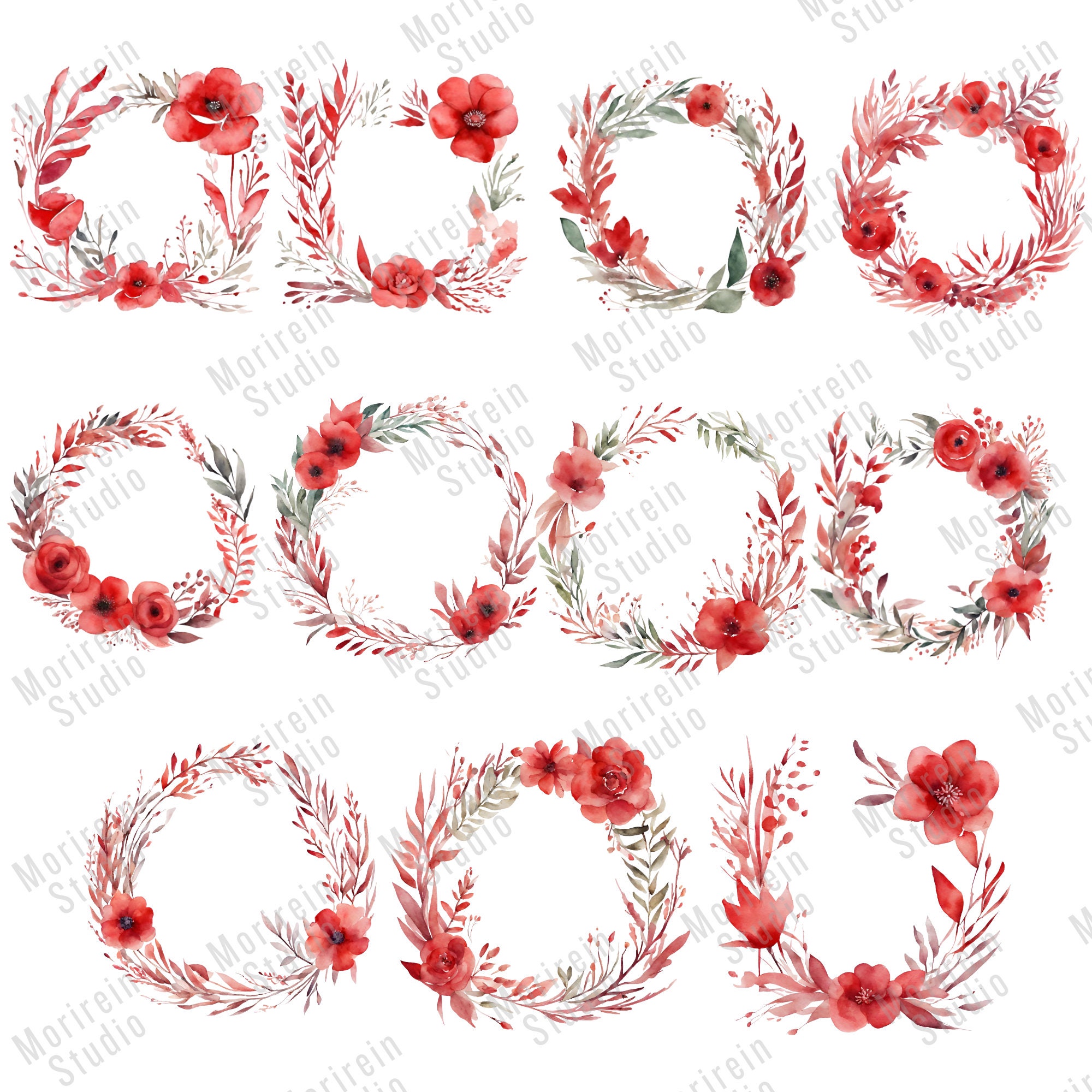 Watercolor Floral Wreath Clipart: 87 PNG Flower Illustrations (digital ...