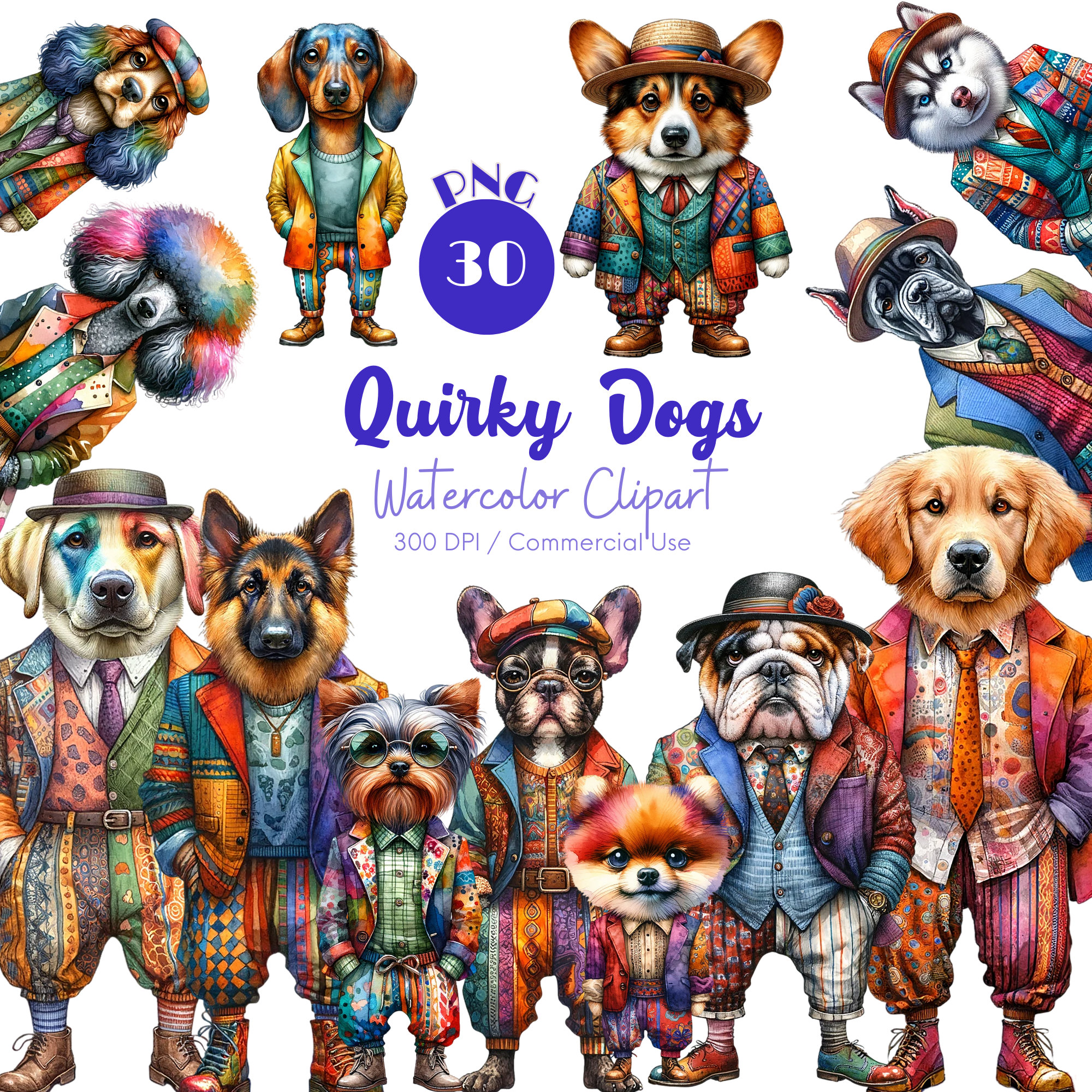 Quirky Dogs Clipart 30 PNG Watercolor Whimsical Dog Whimsical Art ...
