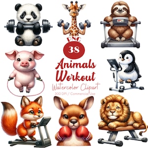 Animals Workout Clipart 38 PNG Watercolor Animals Workout PNG Funny ...