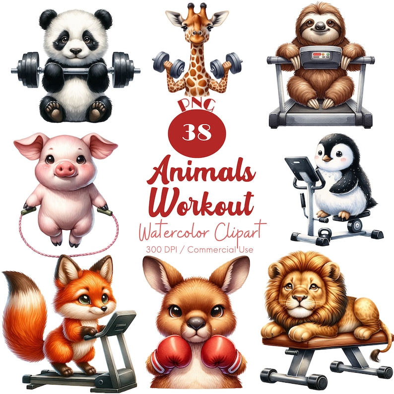 Animals Workout Clipart 38 PNG Watercolor Animals Workout PNG Funny ...