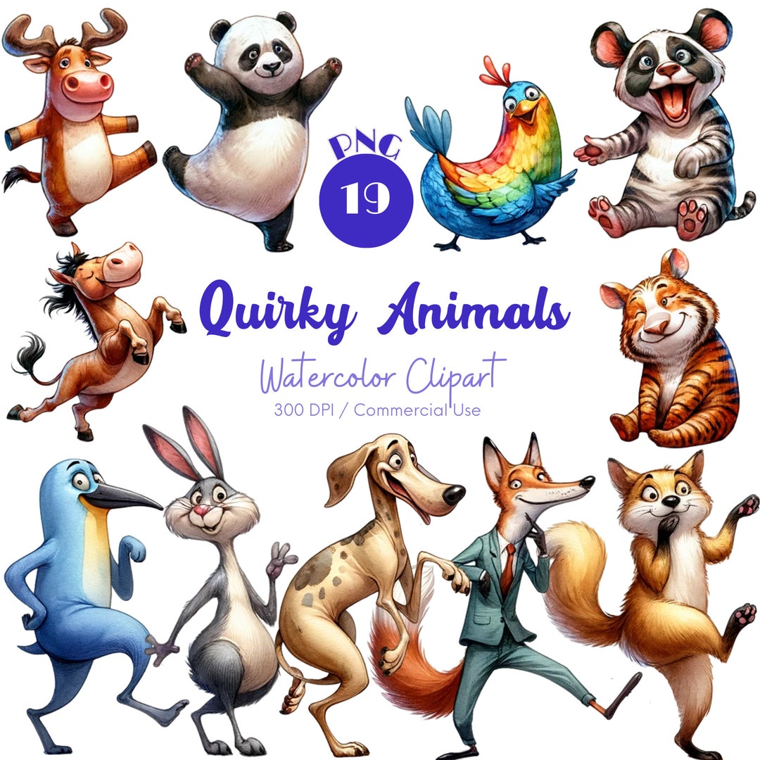 Quirky Animals Clipart 19 PNG Watercolor Whimsical Animal Whimsical Art ...