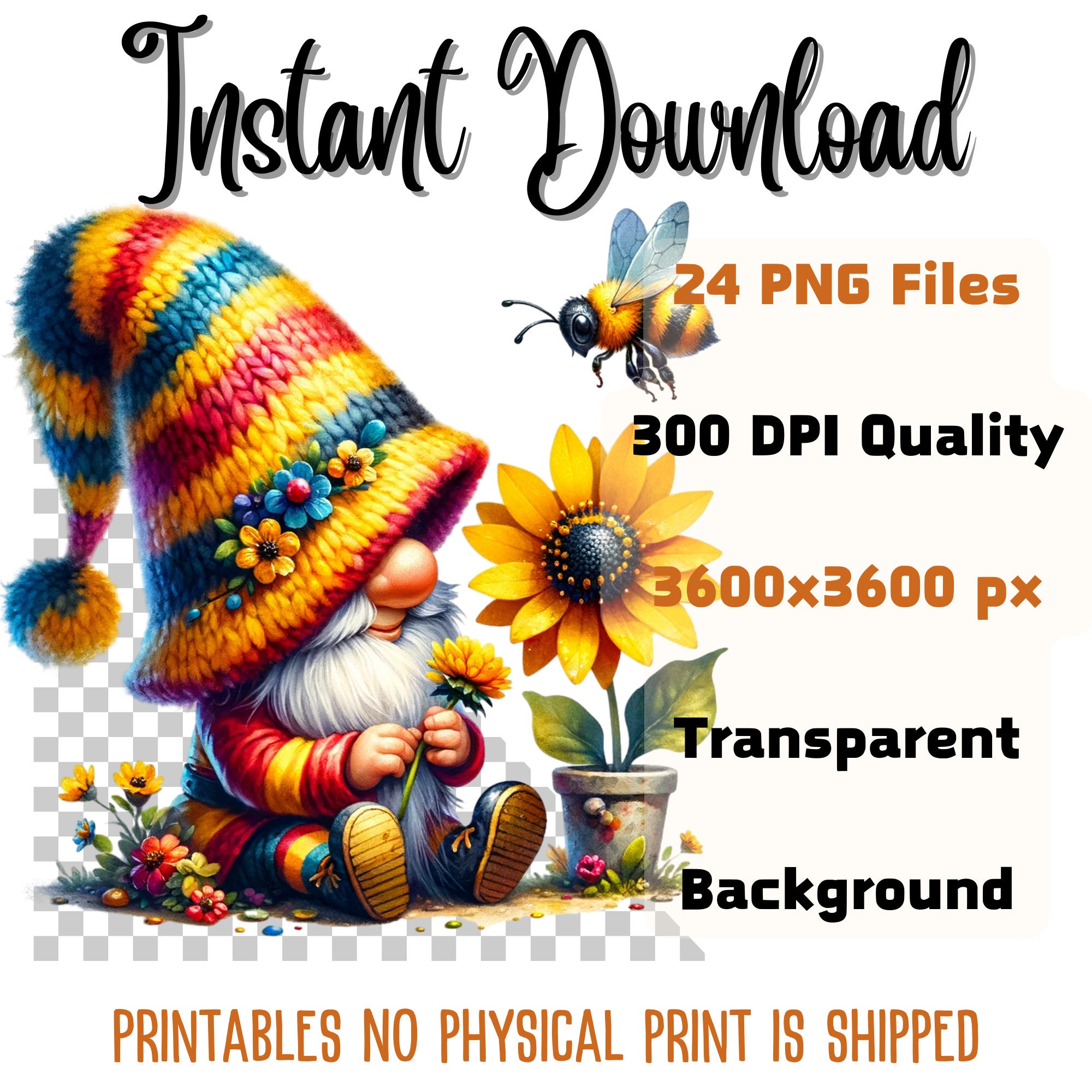 Watercolor Bee Gnome Clipart: 24 PNG Spring Garden PNG (digital ...