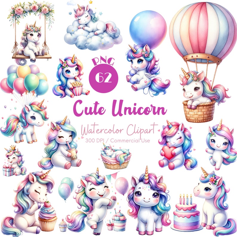 Cute Unicorn Clipart 62 PNG Watercolor Unicorn Party Unicorn Birthday ...
