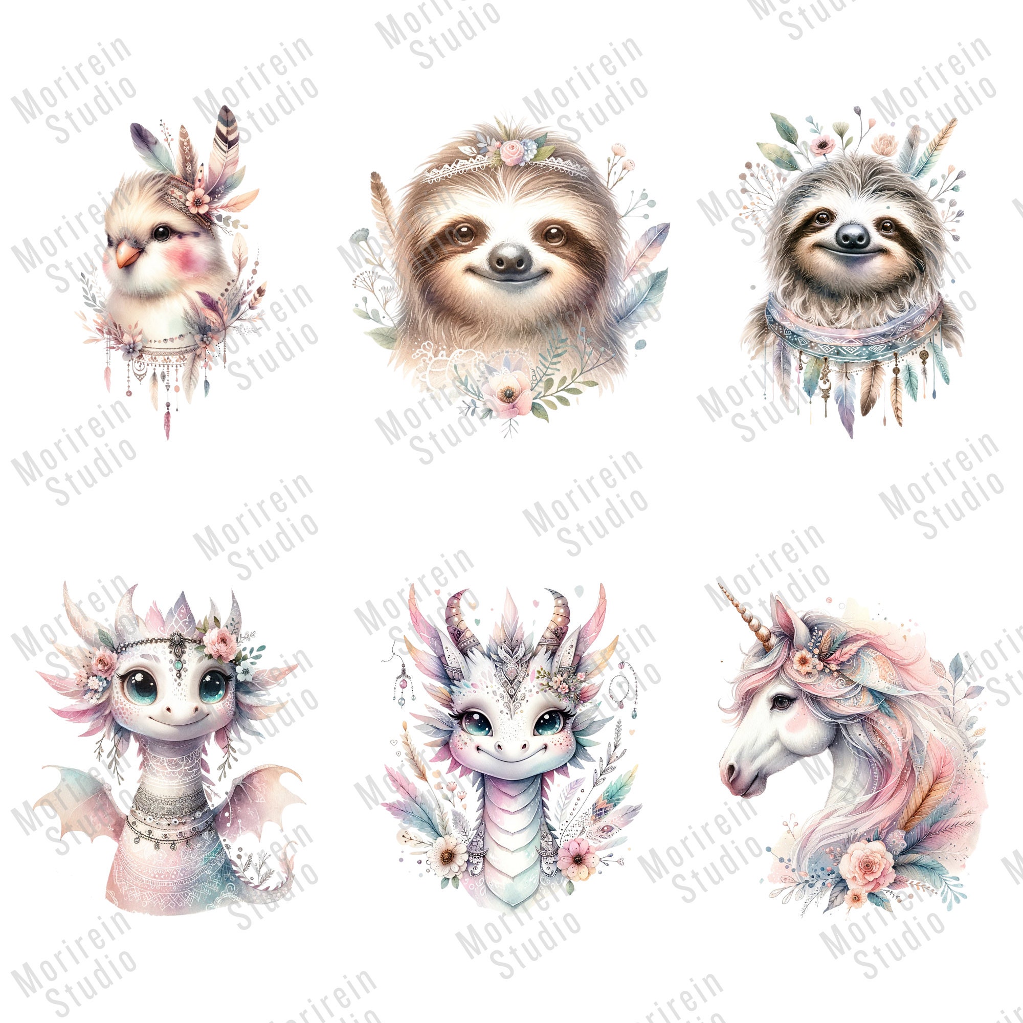 Boho Animals Clipart 42 PNG Watercolor Portrait Animal Boho Style ...