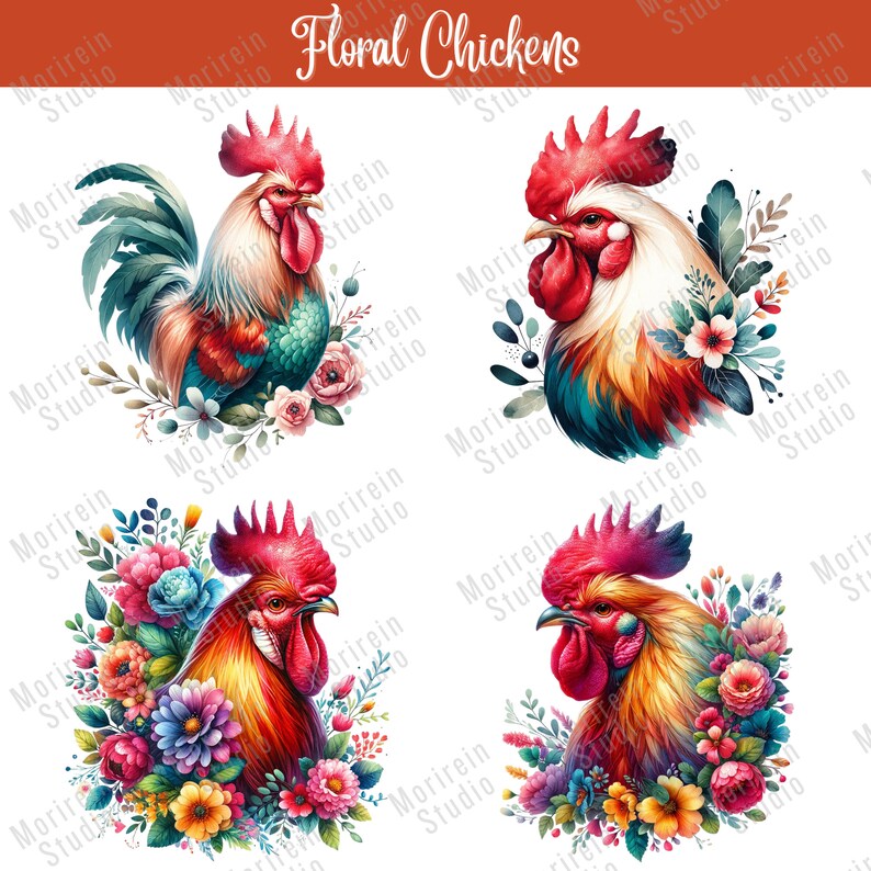 Floral Chicken Clipart: 24 PNG Watercolor Rooster PNG Set (digital ...