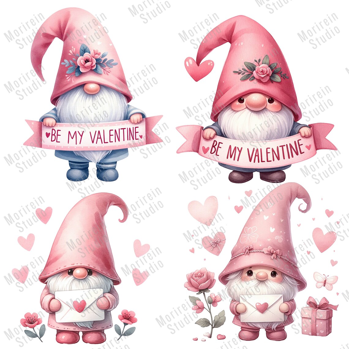 Pink Valentine Gnomes Clipart: 24 PNG Watercolor Illustrations (digital ...