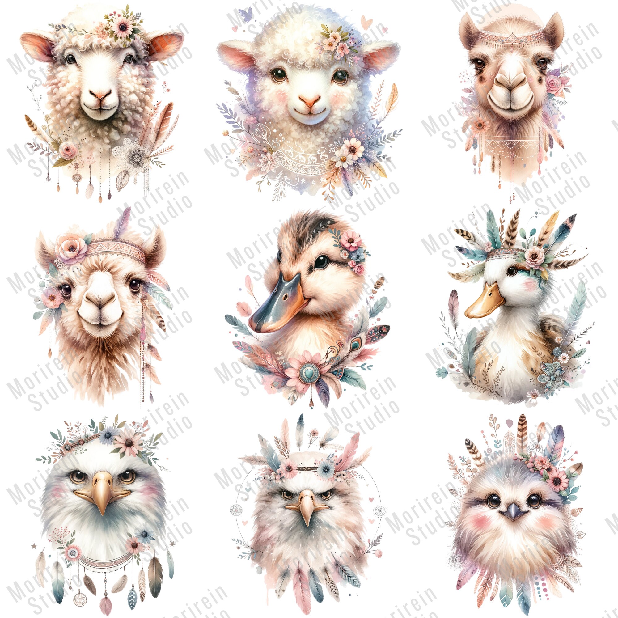 Boho Animals Clipart 42 PNG Watercolor Portrait Animal Boho Style ...