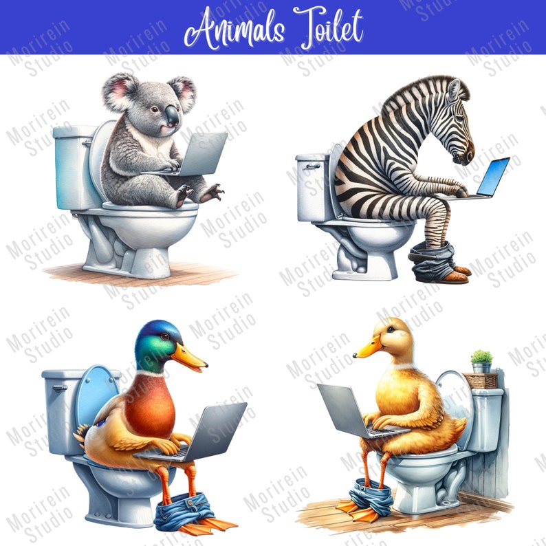 Animals Toilet Clipart 24 PNG Watercolor Animals Sitting on the Toilet ...