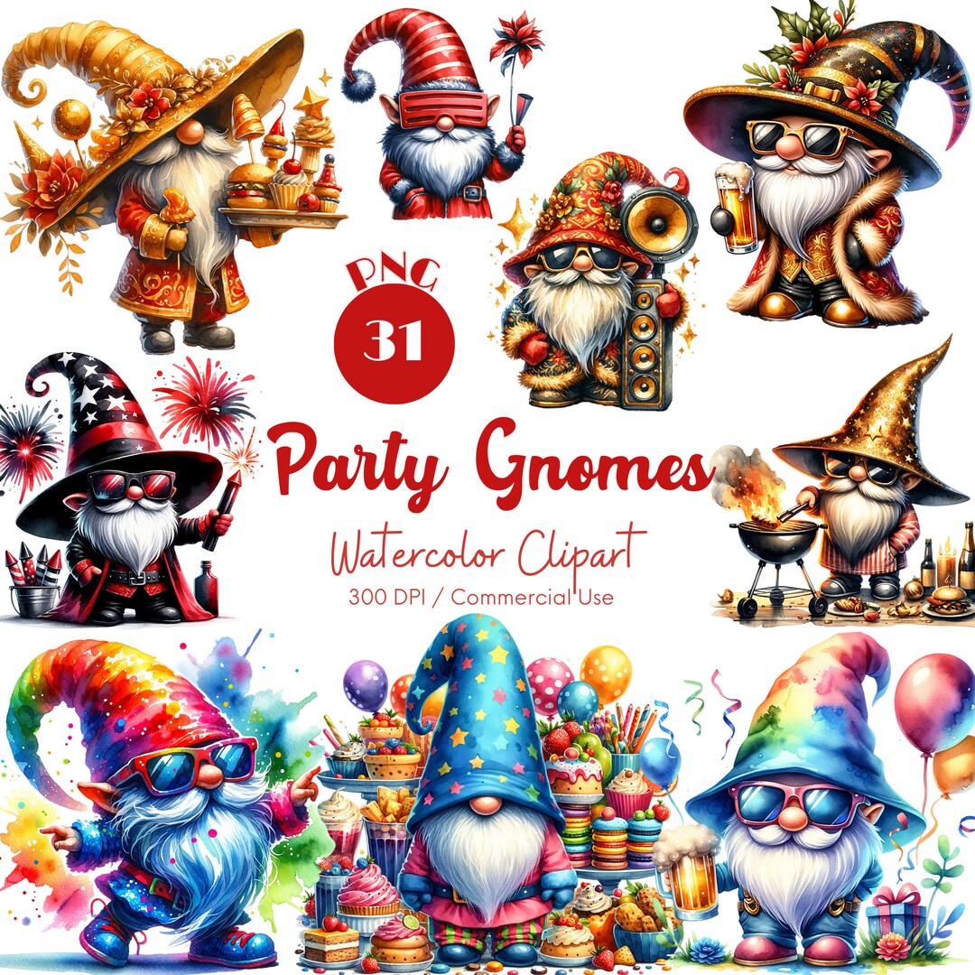 Watercolor Party Gnome Clipart: 31 PNG Festive Birthday PNG (digital ...