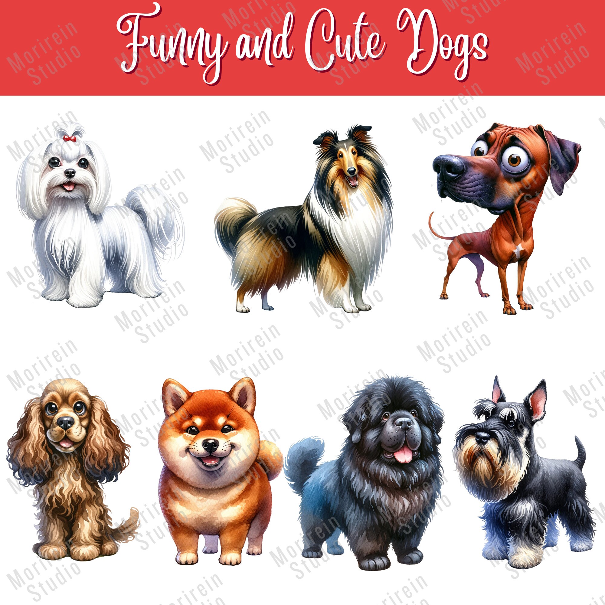 Watercolor Funny Dogs Clipart: 45 PNG Whimsical Art (digital Download ...