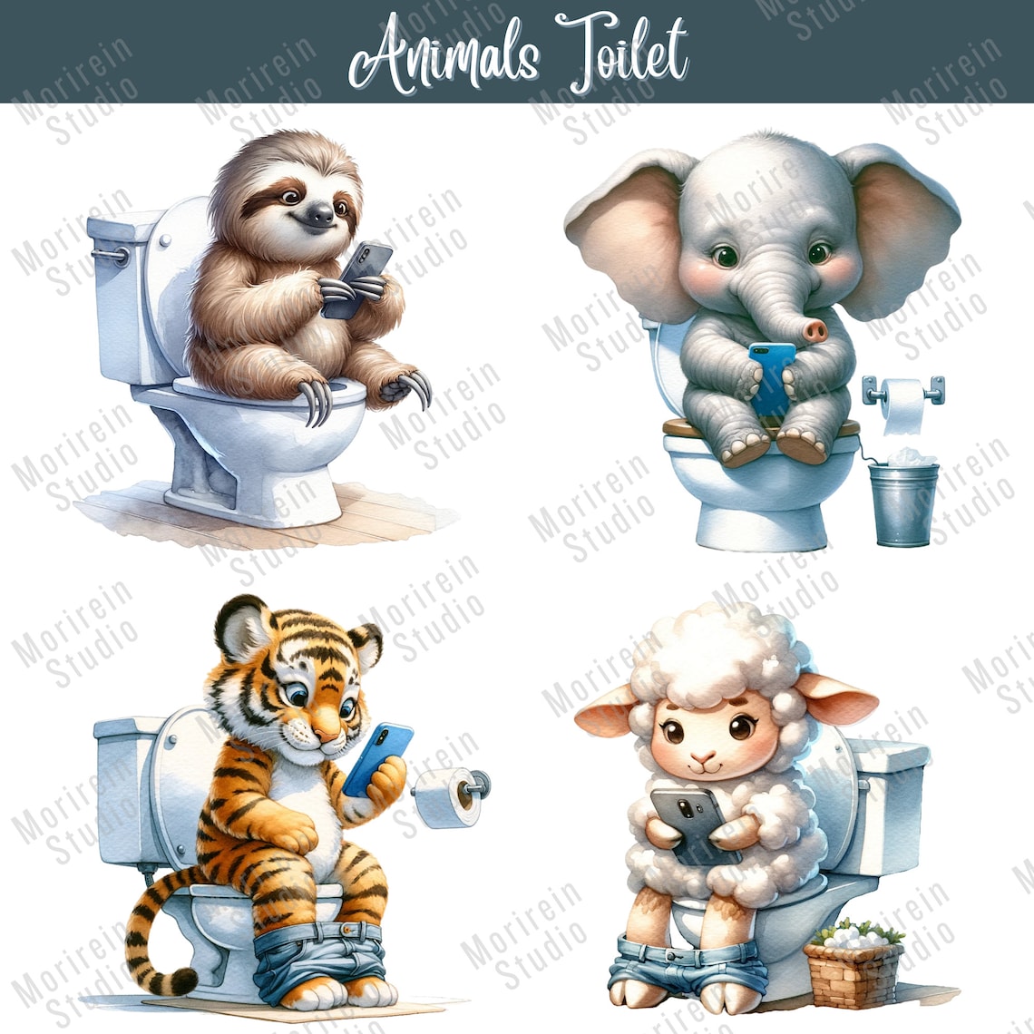 Animals Toilet Clipart 24 PNG Watercolor Animals Sitting on the Toilet ...