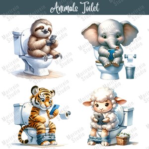 Animals Toilet Clipart 24 PNG Watercolor Animals Sitting on the Toilet ...