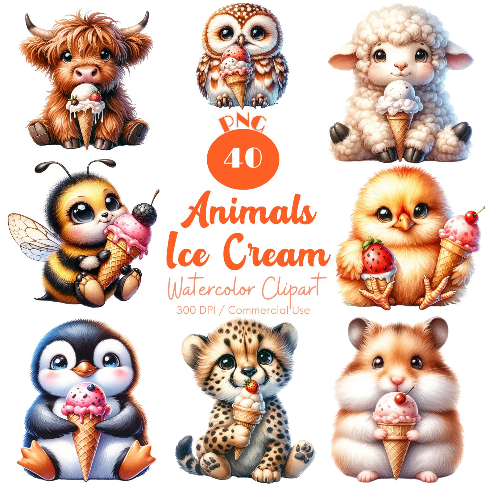 Animals Ice Cream Clipart 40 PNG Watercolor Animals Eating Ice Cream ...