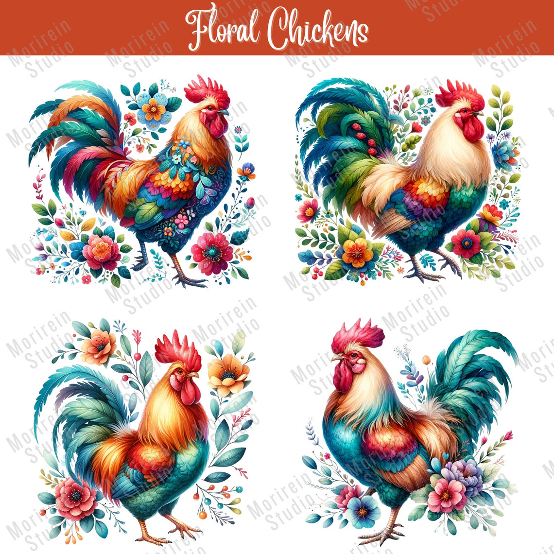 Floral Chicken Clipart 24 PNG Watercolor Flower Chicken Clipart Cute ...