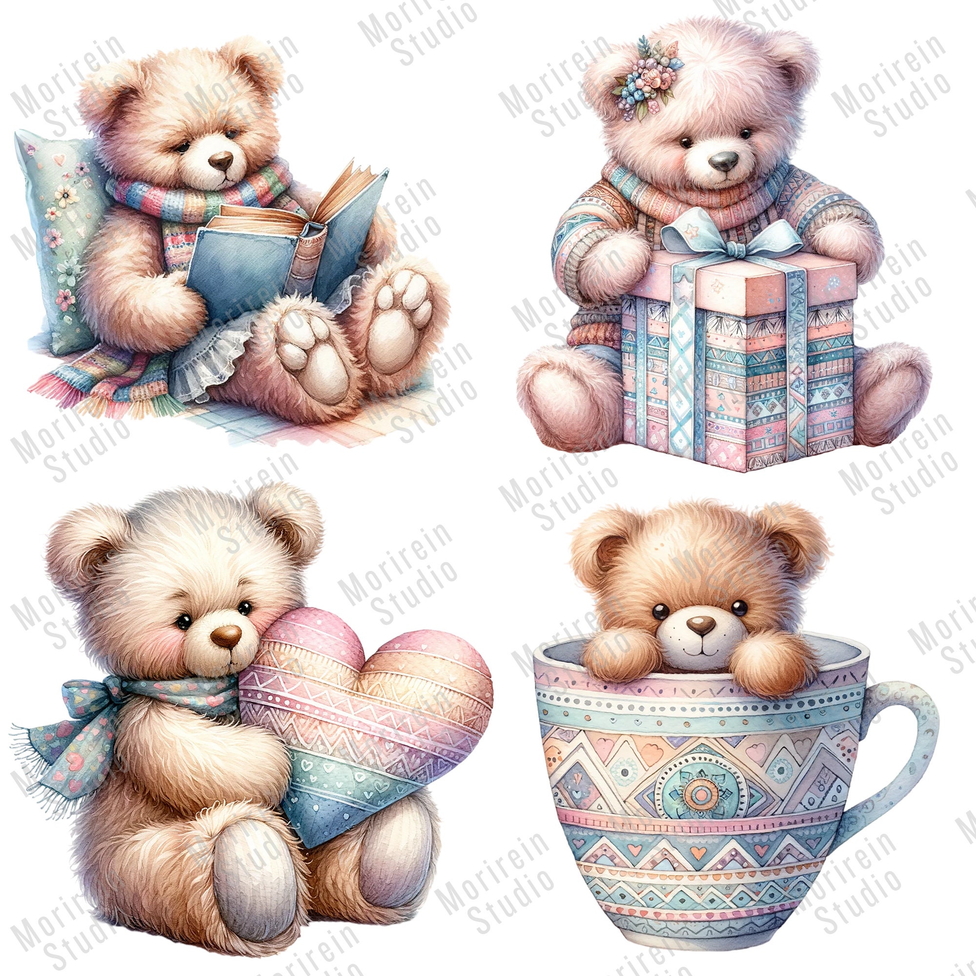 Watercolor Teddy Bears Clipart 30 PNG Cute Teddy Bear Sleepy Teddy Bear ...