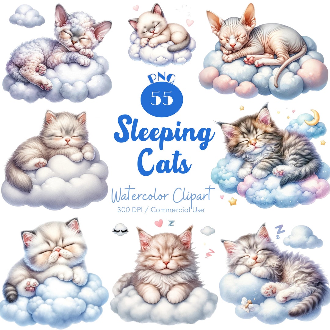 Sleeping Cats Clipart 55 PNG Watercolor Cute Sleeping Cats on Cloud PNG ...