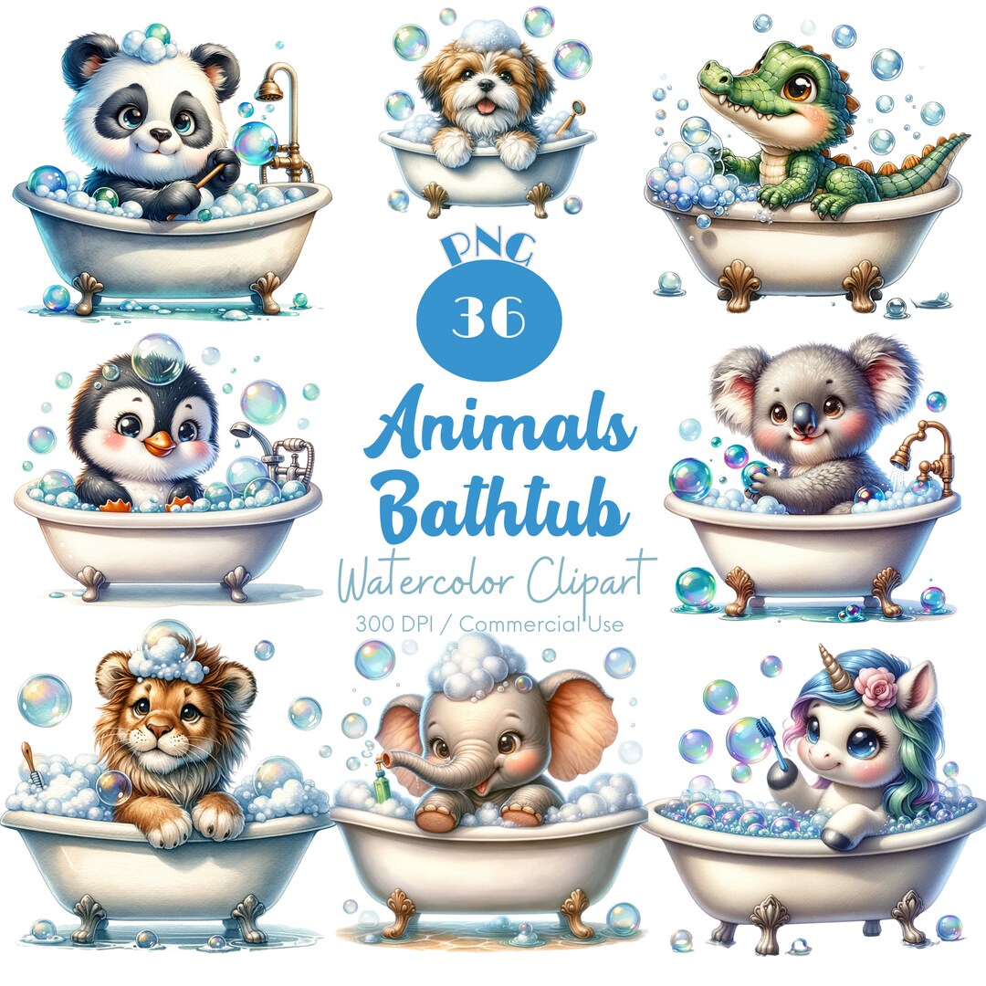 Animals Bathtub Clipart 36 PNG Watercolor Animals in Bathtub Clipart ...