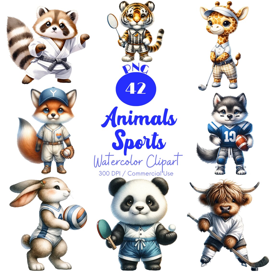 Watercolor Animals Sports Clipart: 42 PNG Nursery Art (digital Download ...