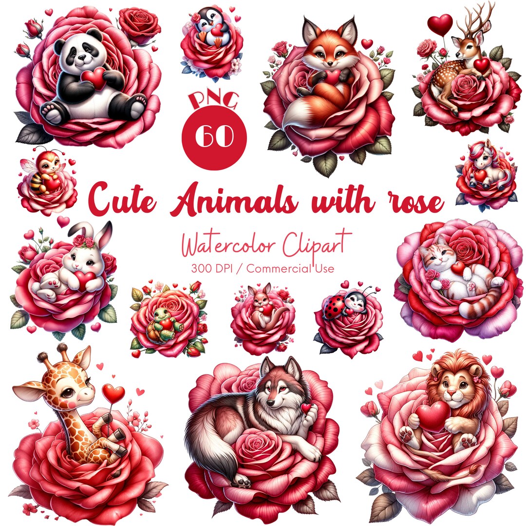 Watercolor Animals With Roses Clipart, Valentine's Day PNG (digital ...