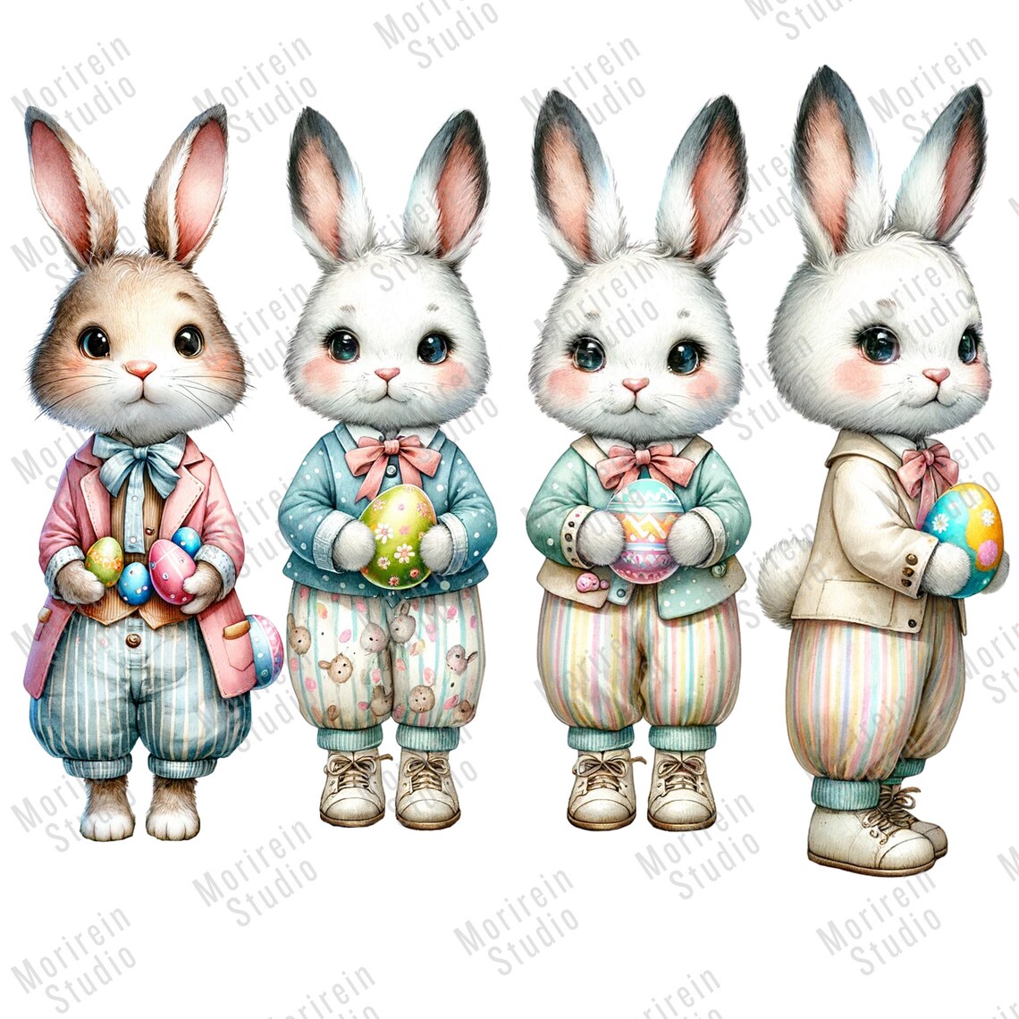 Easter Bunnies Clipart 24 PNG Watercolor Easter Rabbits Whimsical Art ...