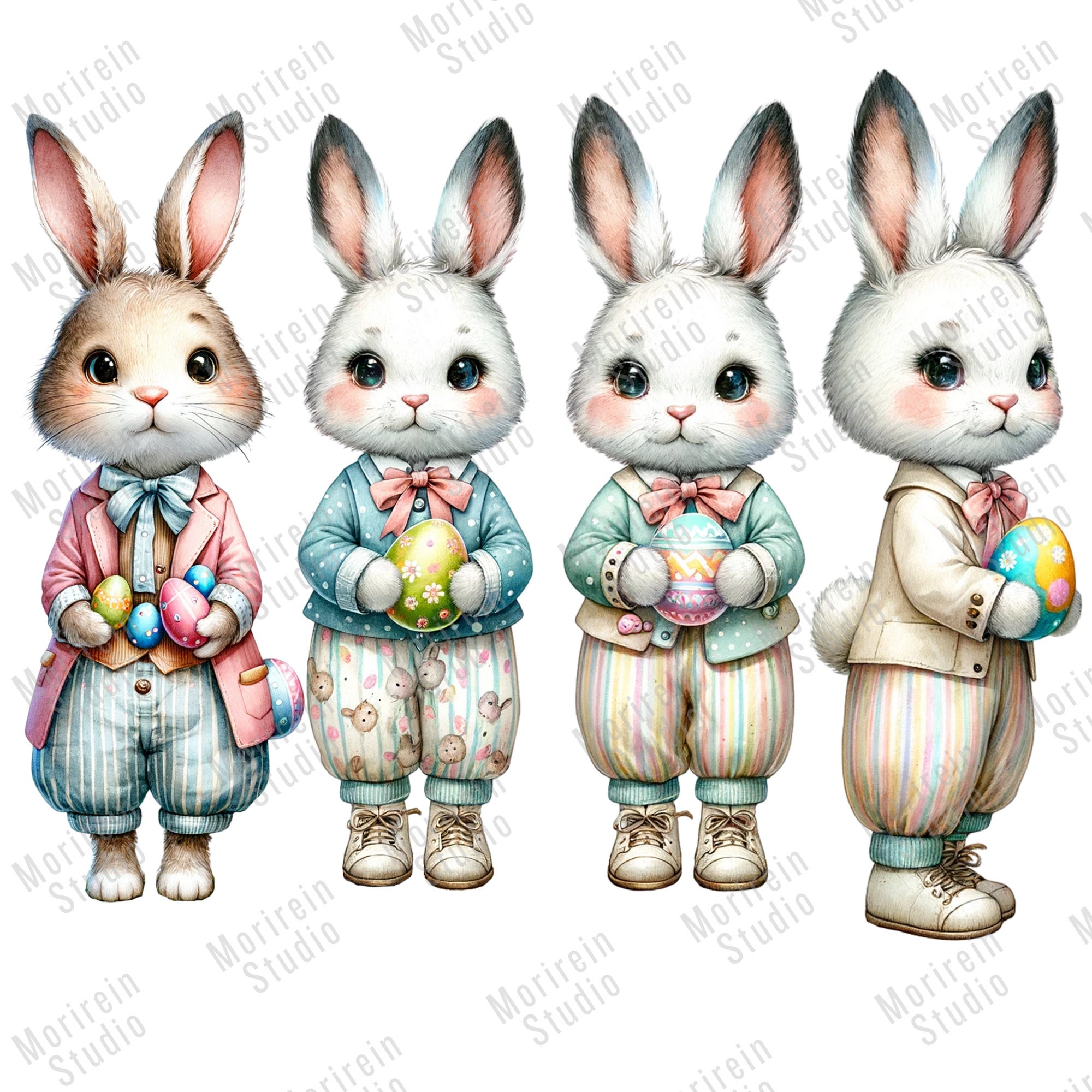 Easter Bunnies Clipart 24 PNG Watercolor Easter Rabbits Whimsical Art ...