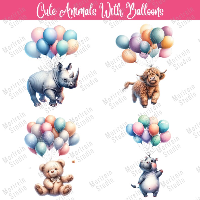 Cute Animals With Balloons Clipart 24 PNG Watercolor Birthday Animals ...
