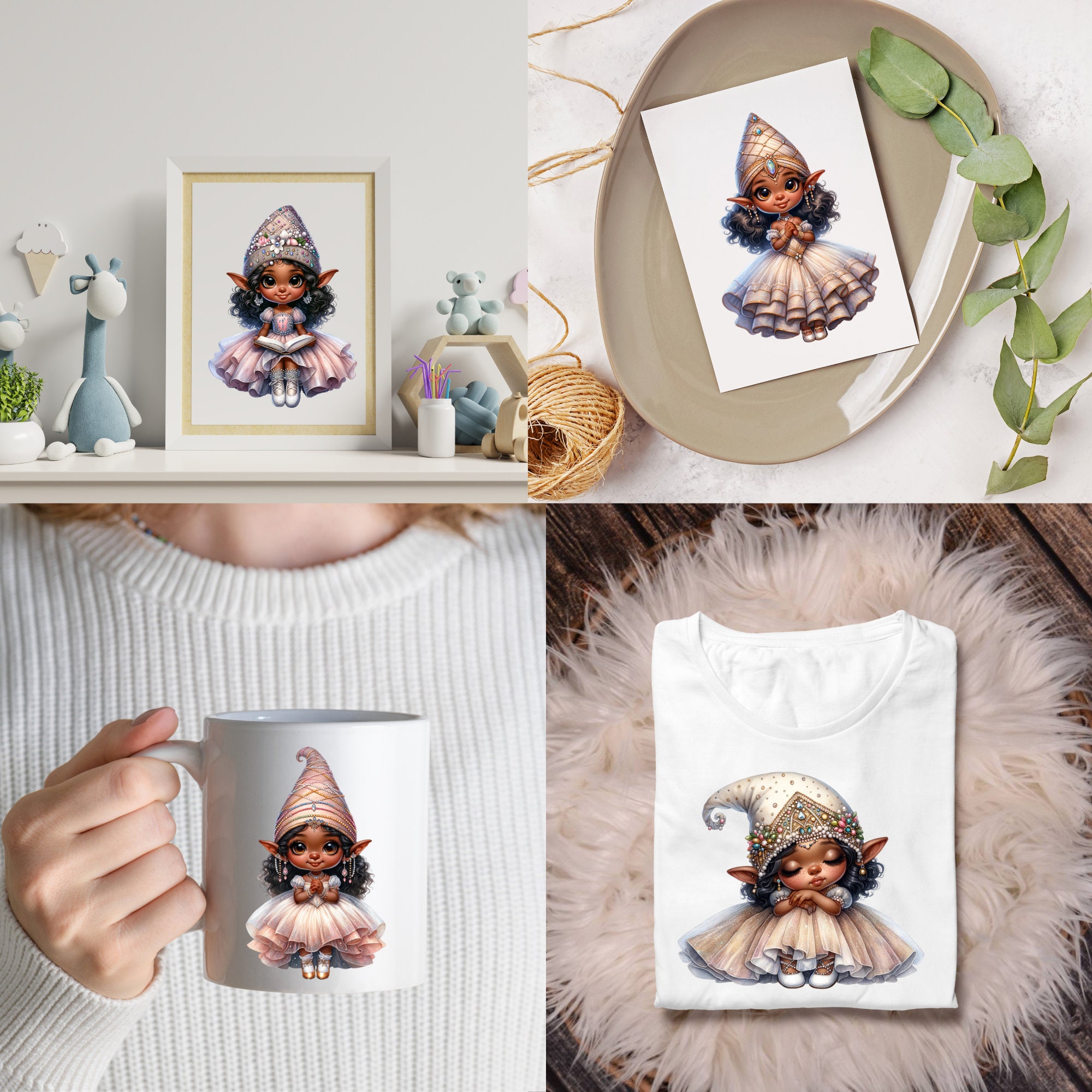 Watercolor African American Princess Gnome Clipart 14 PNG (digital ...