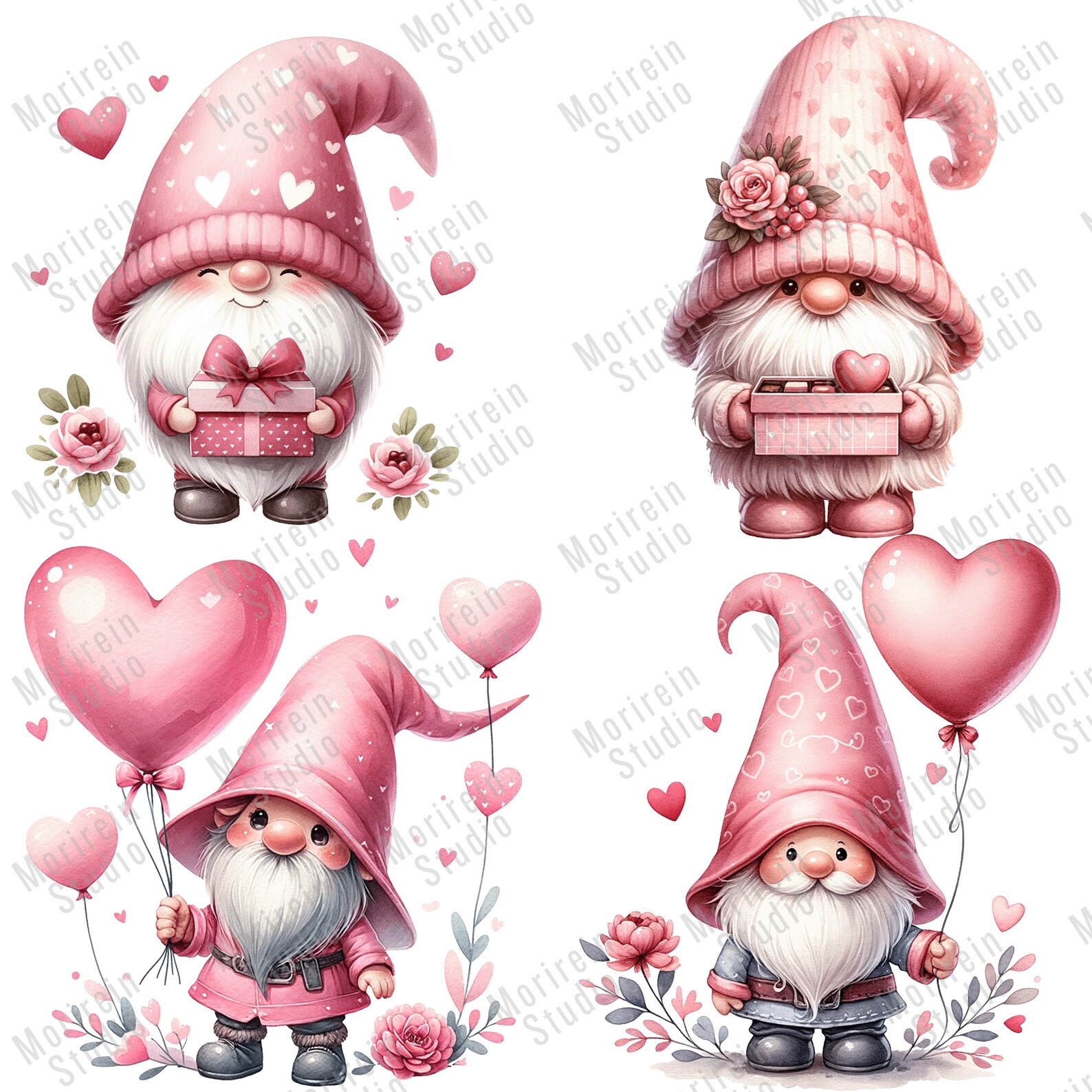 Pink Valentine Gnomes Clipart: 24 PNG Watercolor Illustrations (digital ...
