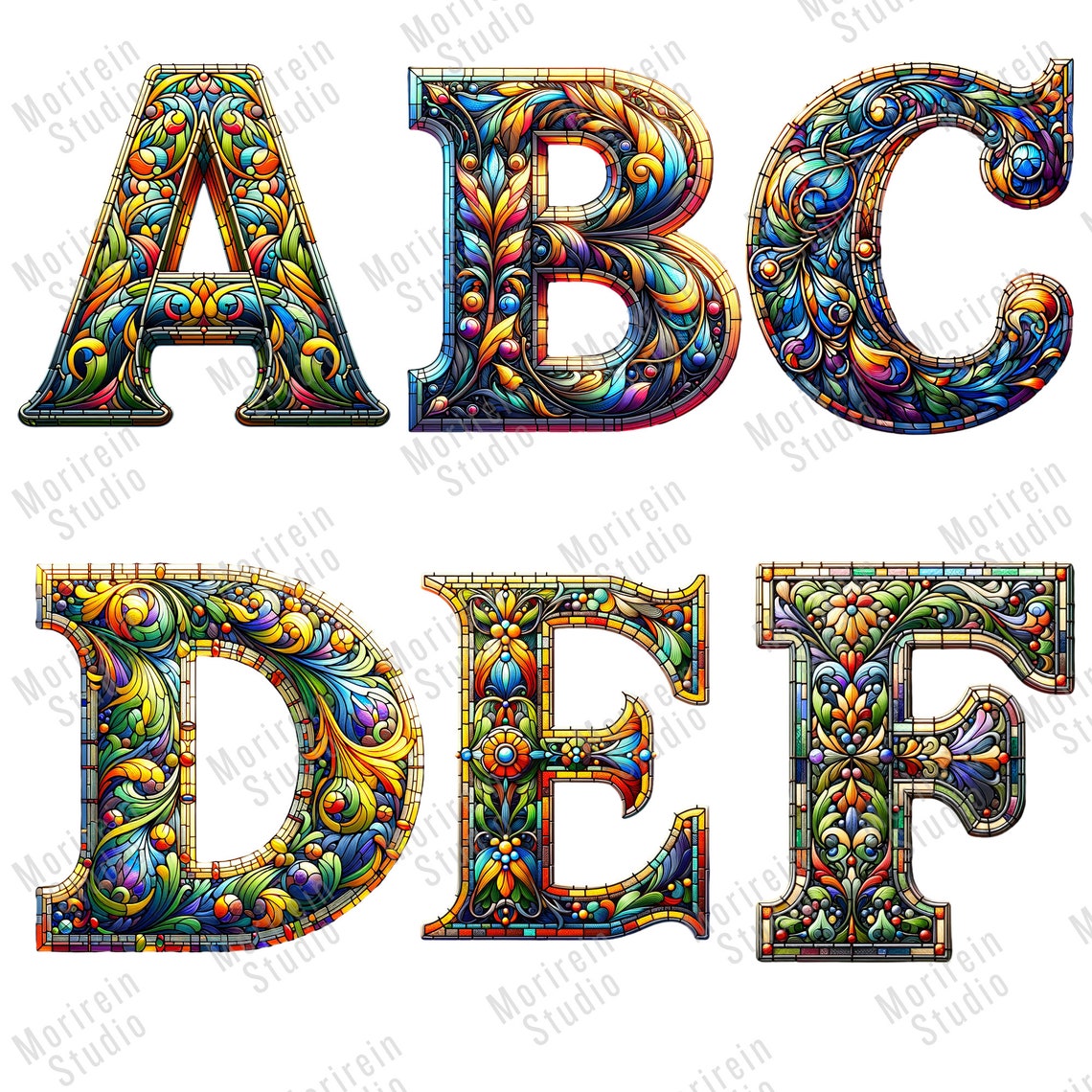 Stained Glass Alphabet & Number Clipart: 36 PNG Graphics (digital ...