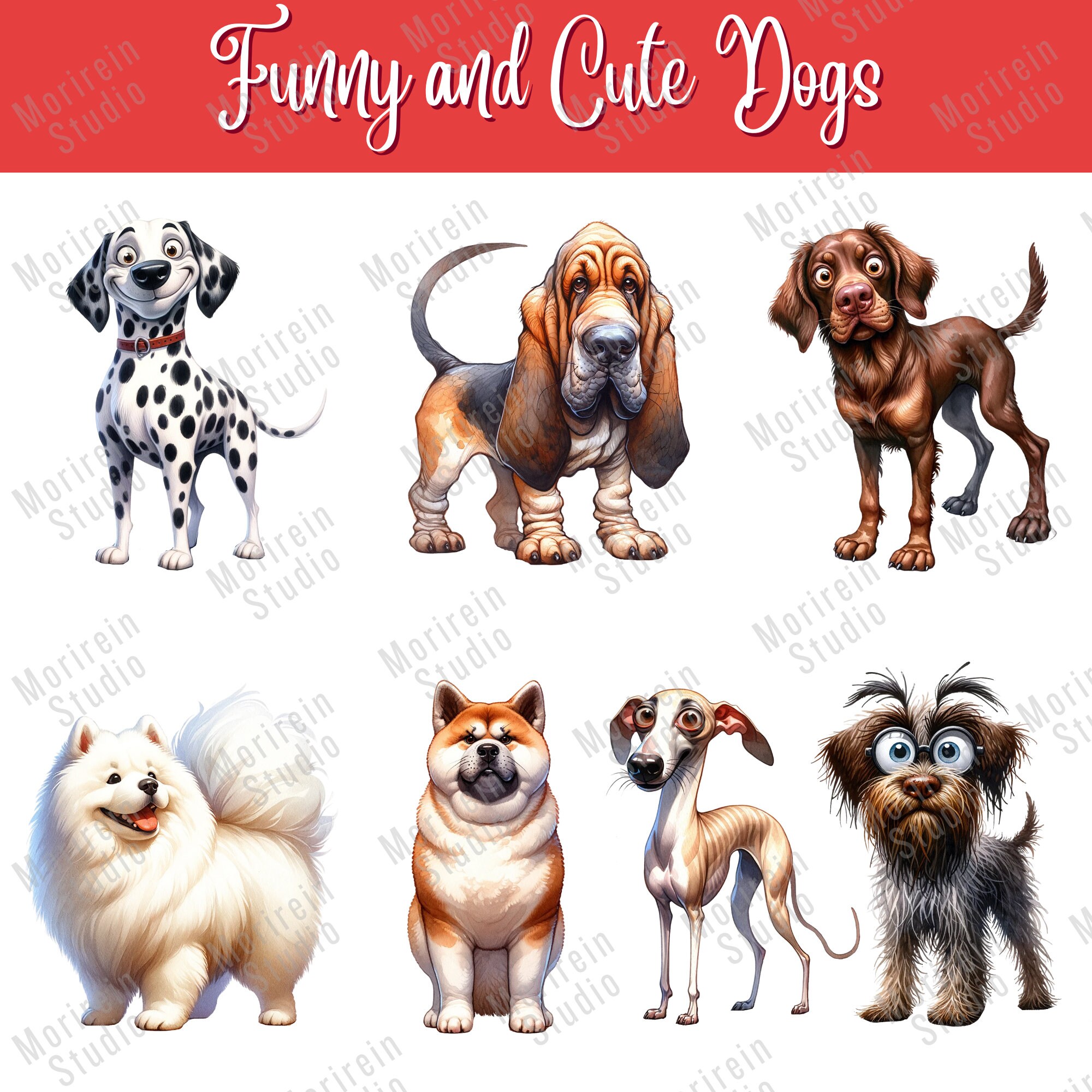 Watercolor Funny Dogs Clipart: 45 PNG Whimsical Art (digital Download ...