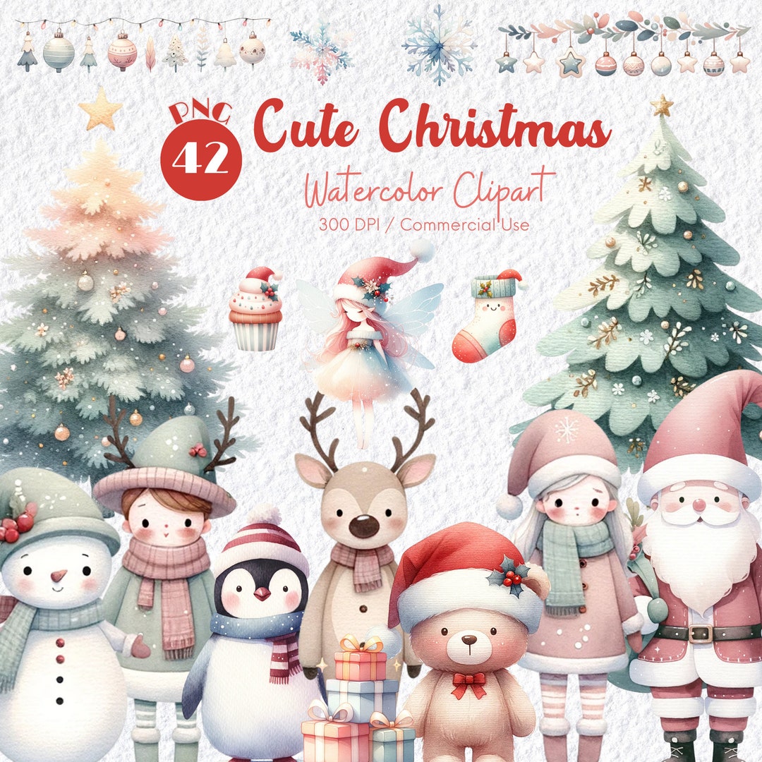 Cute Christmas Clipart Bundle, 42 PNG Watercolor Christmas Clipart ...