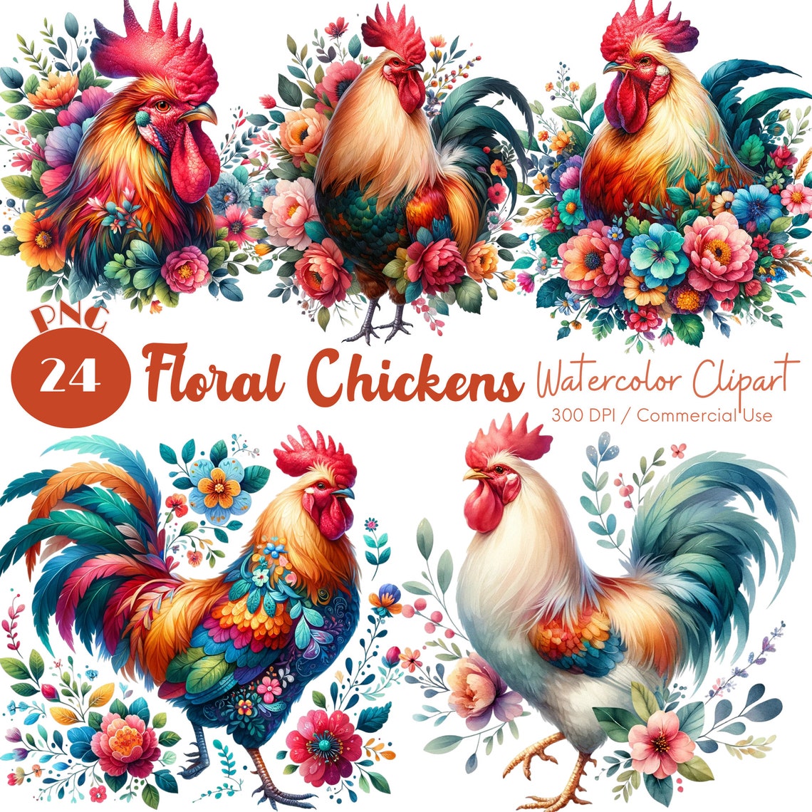 Floral Chicken Clipart 24 PNG Watercolor Flower Chicken Clipart Cute ...
