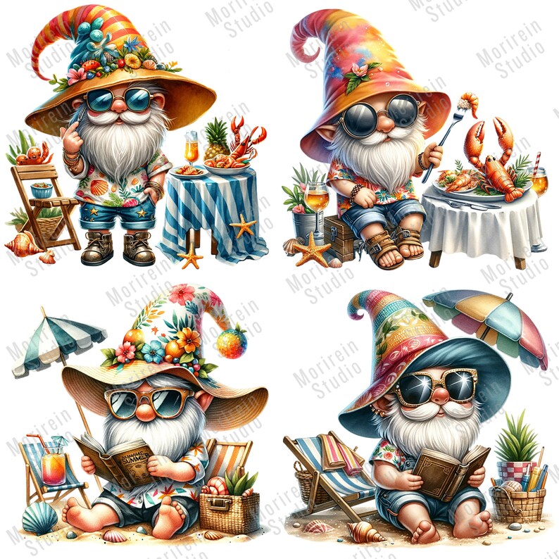 Beach Gnomes Clipart 18 PNG Watercolor Summer Party Gnome Ocean Sign ...