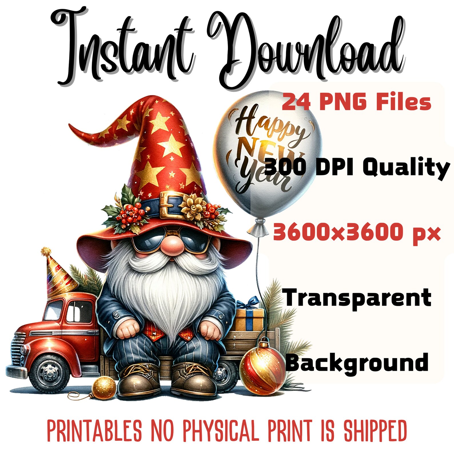 New Year Gnomes Clipart: Watercolor Festive Vehicle Illustrations 24 ...