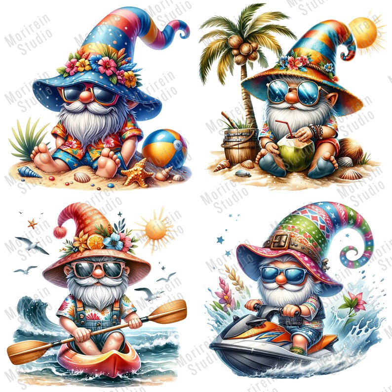 Beach Gnomes Clipart 18 PNG Watercolor Summer Party Gnome Ocean Sign ...