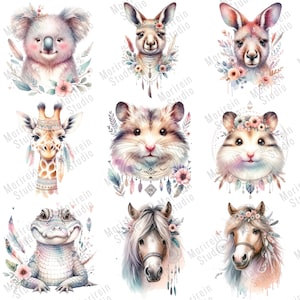Boho Animals Clipart 42 PNG Watercolor Portrait Animal Boho Style ...