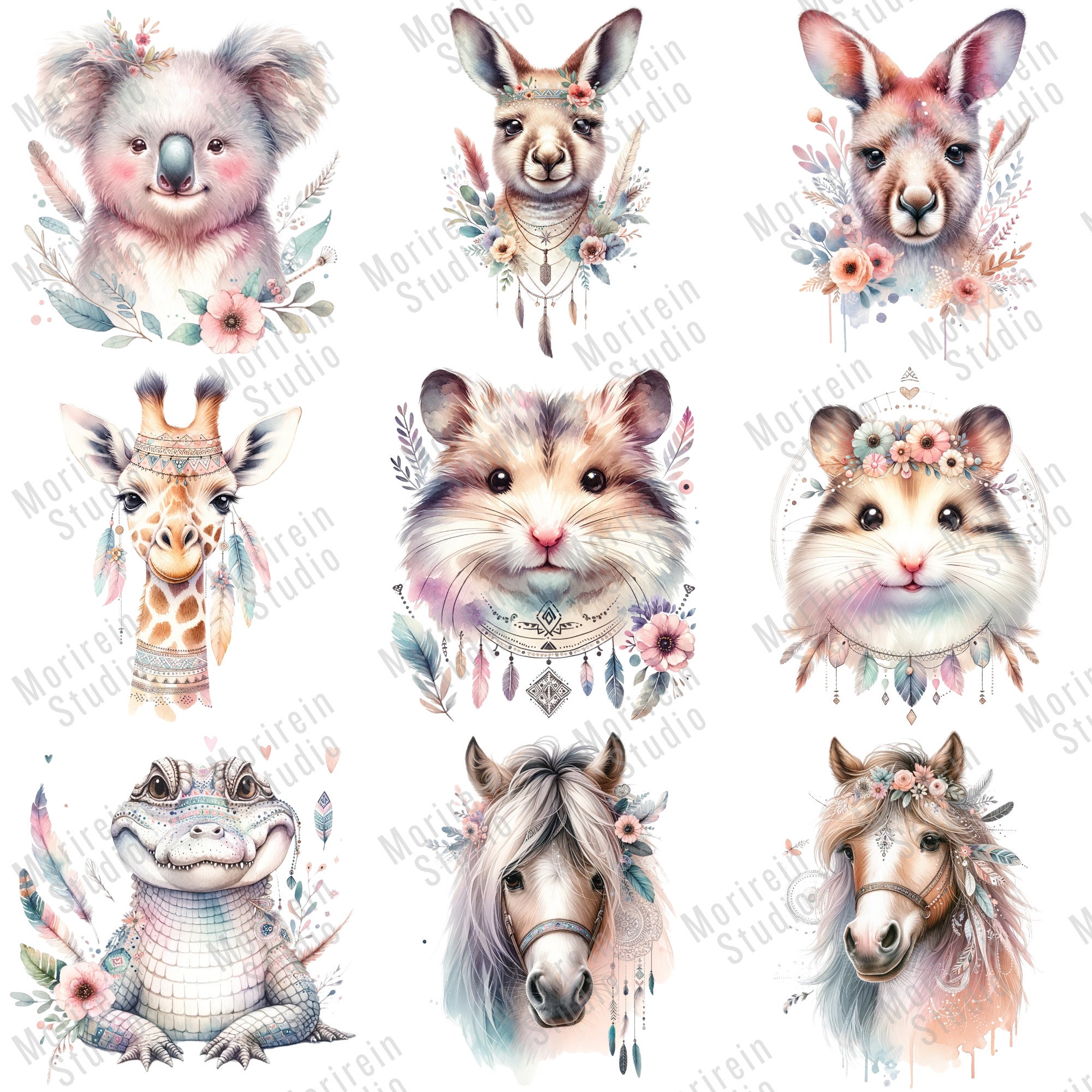 Boho Animals Clipart 42 PNG Watercolor Portrait Animal Boho Style ...