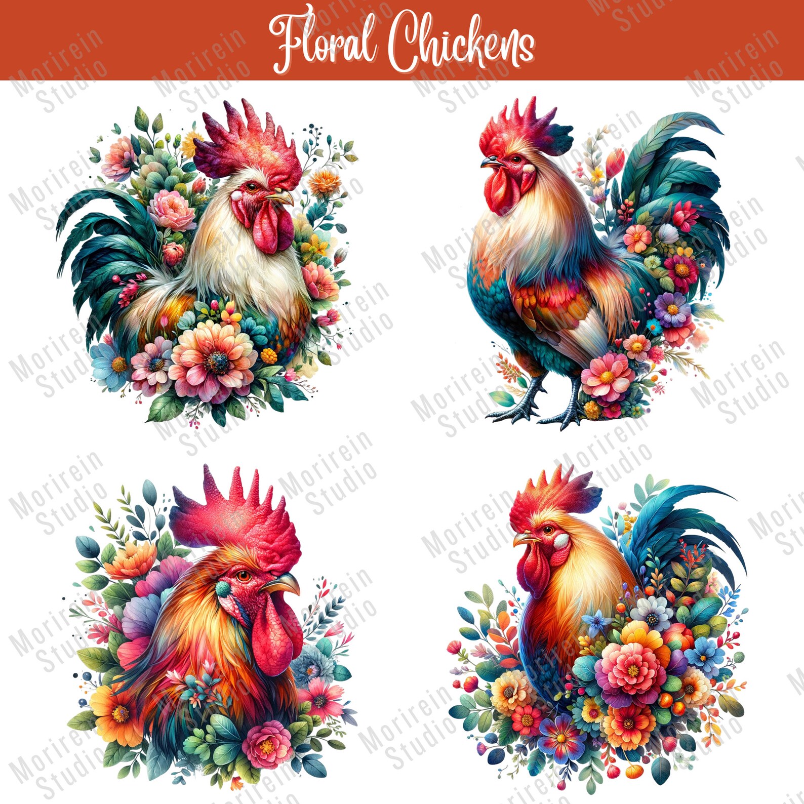 Floral Chicken Clipart 24 PNG Watercolor Flower Chicken Clipart Cute ...