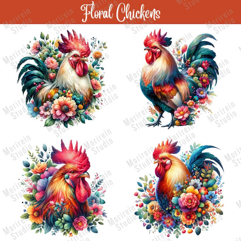 Floral Chicken Clipart: 24 PNG Watercolor Rooster PNG Set (digital ...