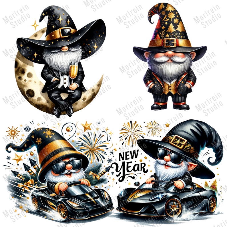 New Year Gnomes Clipart: Watercolor Festive 16 PNG (digital Download ...