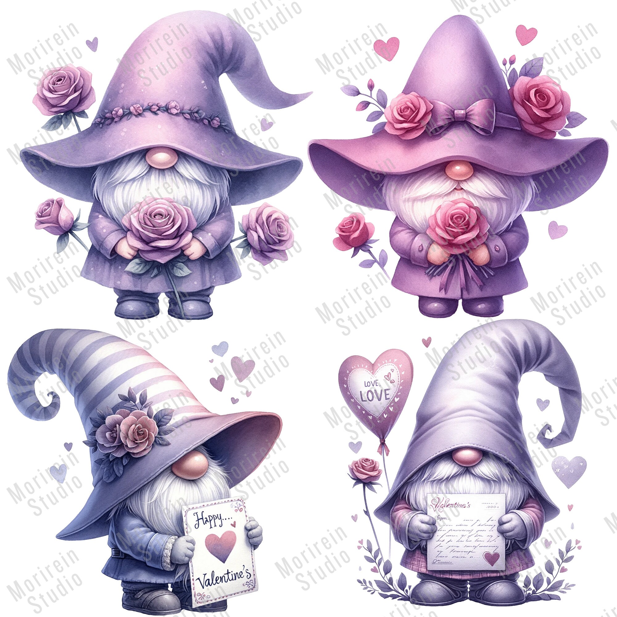 Purple Valentine Gnomes Watercolor Clipart: 24 PNG Illustrations ...